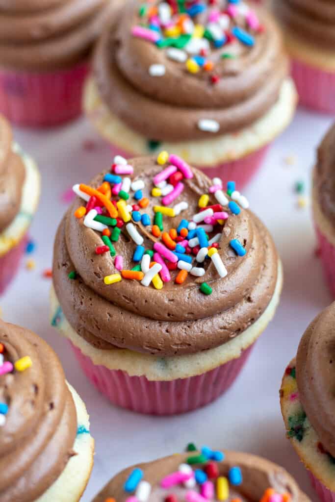 Funfetti Vanilla Cupcakes with Chocolate Fudge Frosting - Little ...
